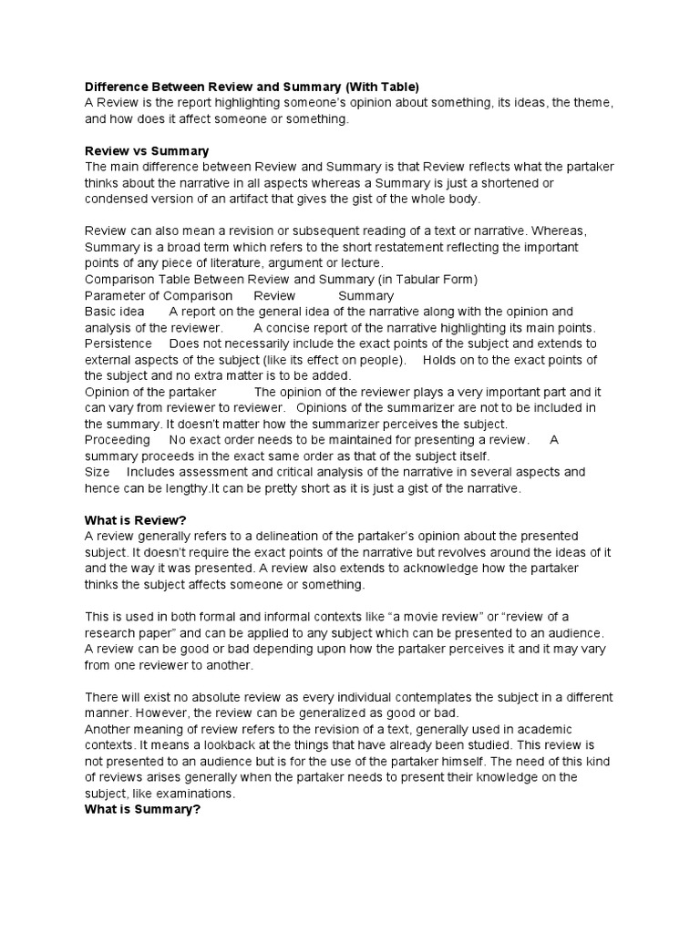 Difference Between Review and Summary | PDF | Narrative | Cognitive Science