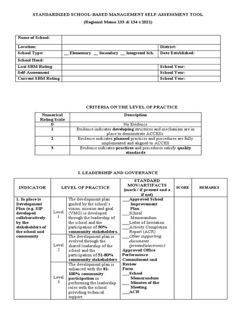 Tool For SBM Self Assessment Final 4 | PDF | Educational Assessment ...