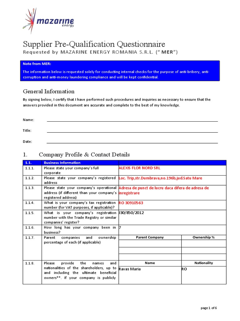 Supplier - PreQualification - Questionnaire - Template | PDF