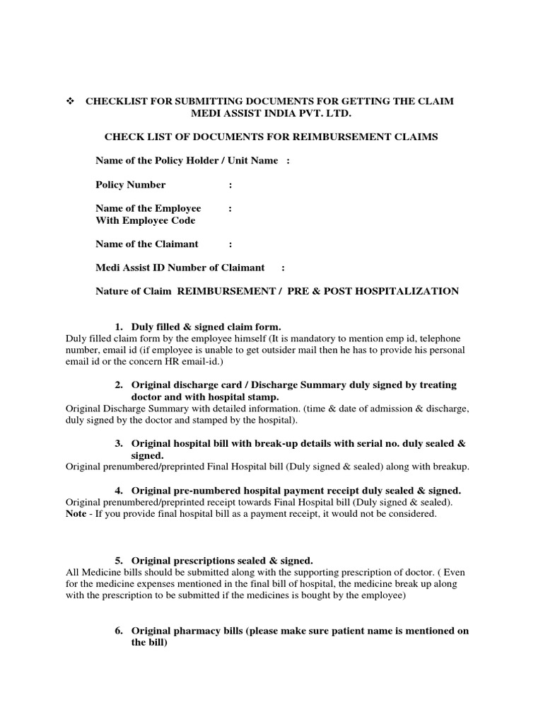 CHECKLIST FOR SUBMITTING DOCUMENTS - Reimbursement Claims | PDF | Medical Prescription | Hospital