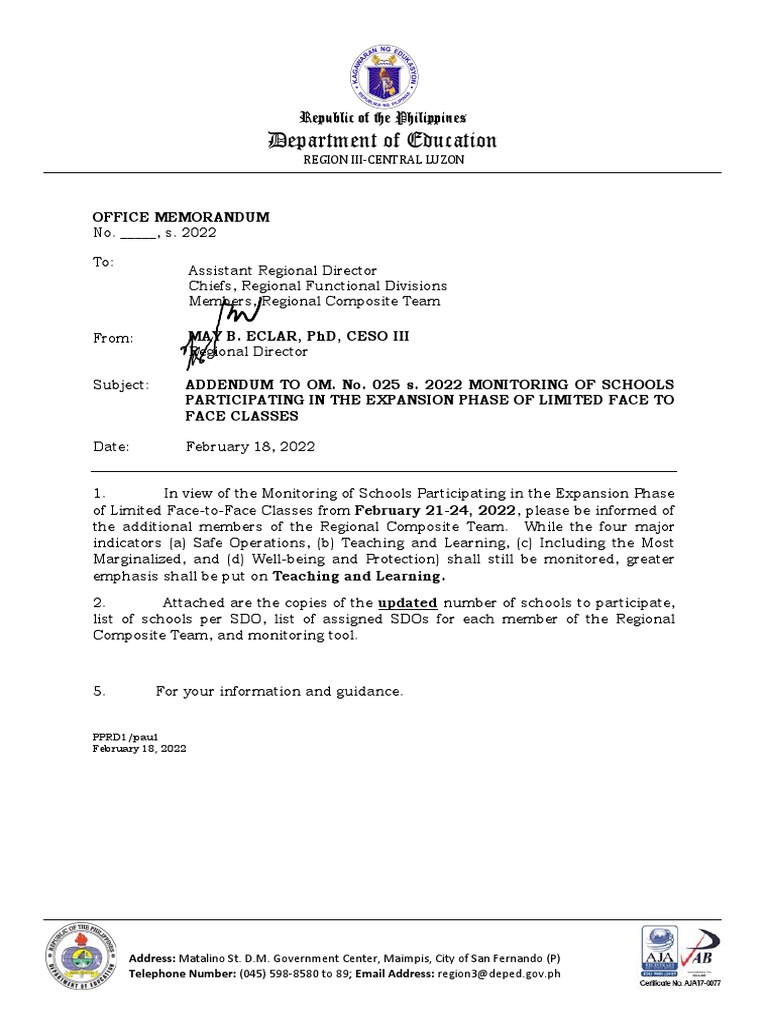 OM Addendum To Monitoring of Participating Schools in The Expansion ...