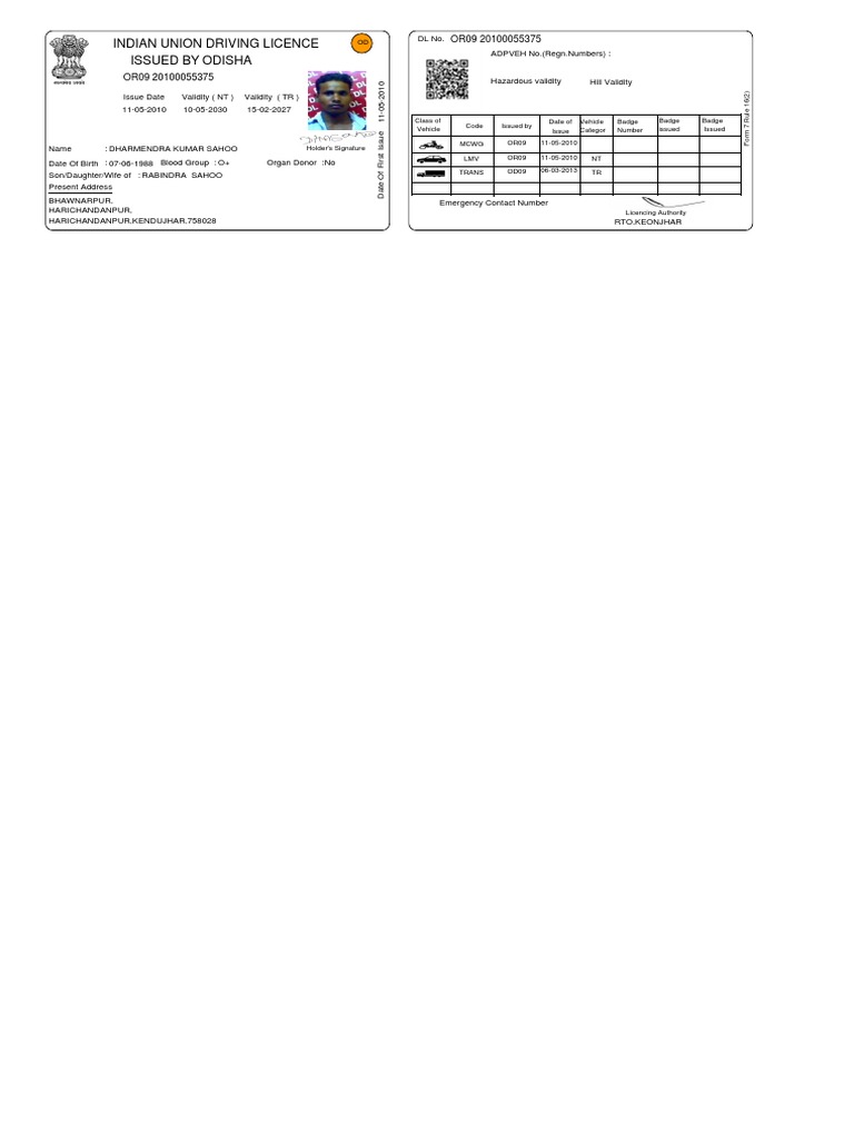 Indian Union Driving Licence Issued by Odisha | PDF | Vehicle Operation ...