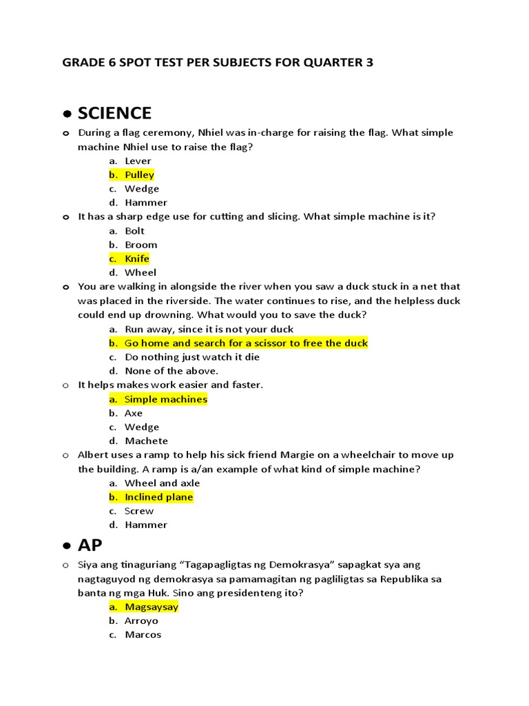 Grade 6 Spot Test Per Subjects For Quarter 3 | PDF