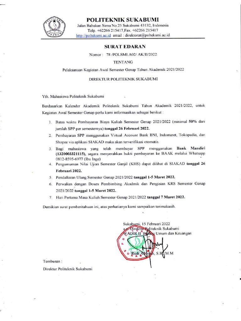 Surat Edaran Awal Kuliah 2022 SMT Genap | PDF