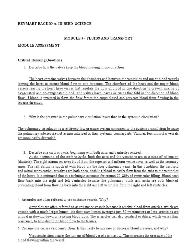 Reymart Baguio A. Iii Bsed-Science Module 4 - Fluids and Transport Module Assessment Critical ...