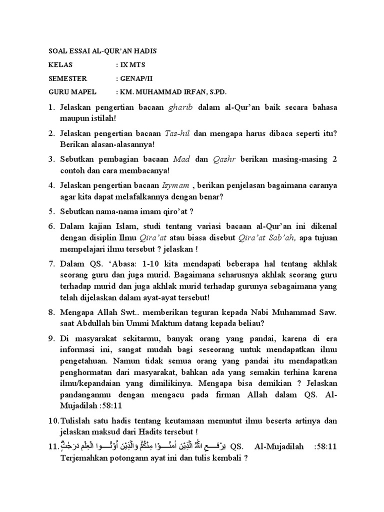 Soal Essai Al Quran Hadis Pdf
