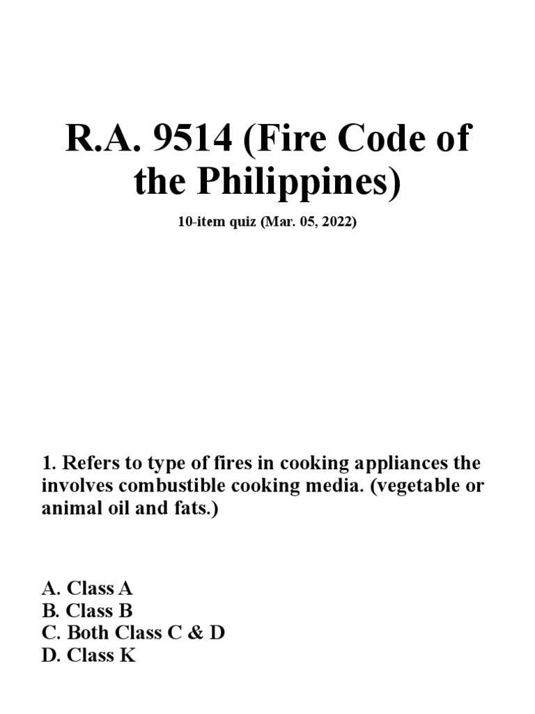 Fire Code of the Philippines 10-item Quiz Summary | PDF
