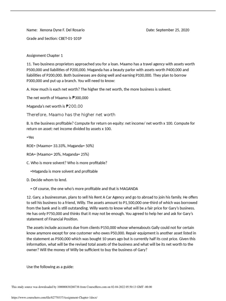 Assignment Chapter 1 | PDF | Equity (Finance) | Balance Sheet