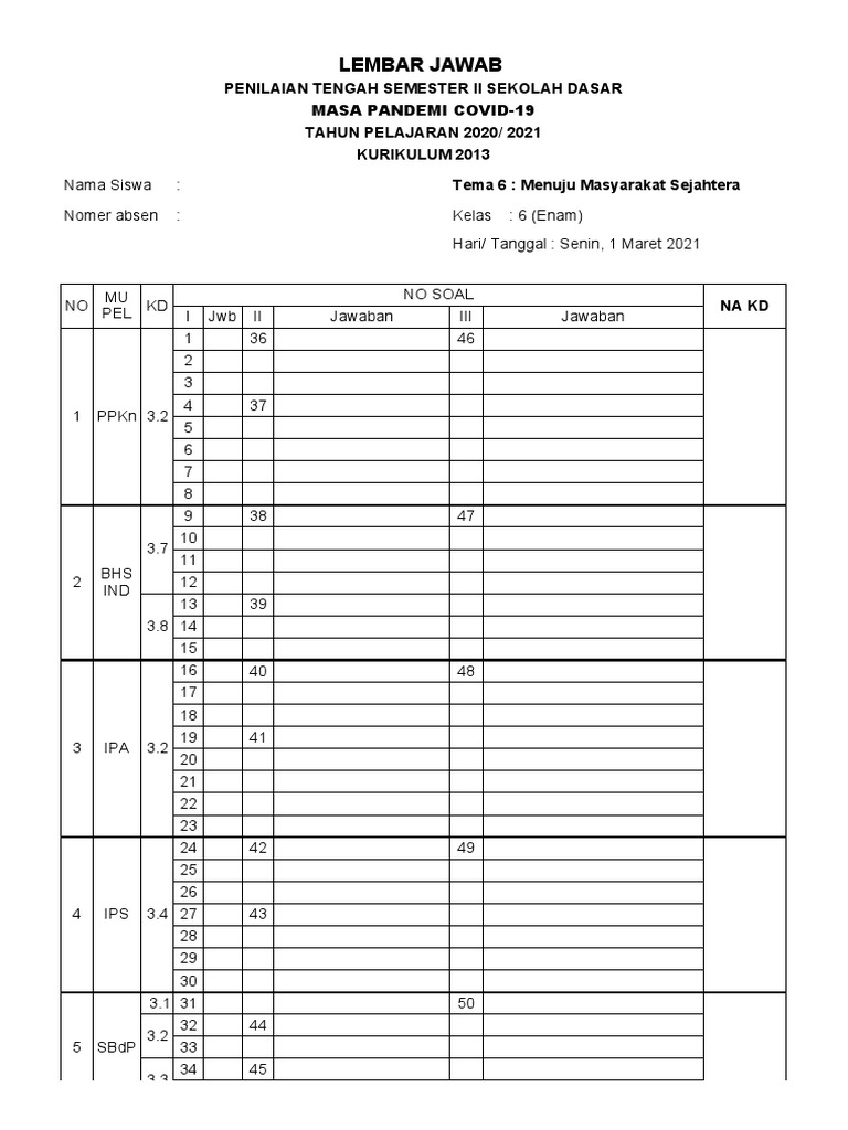 Lembar Jawab Uts Kk13 SMSTR 2 | PDF