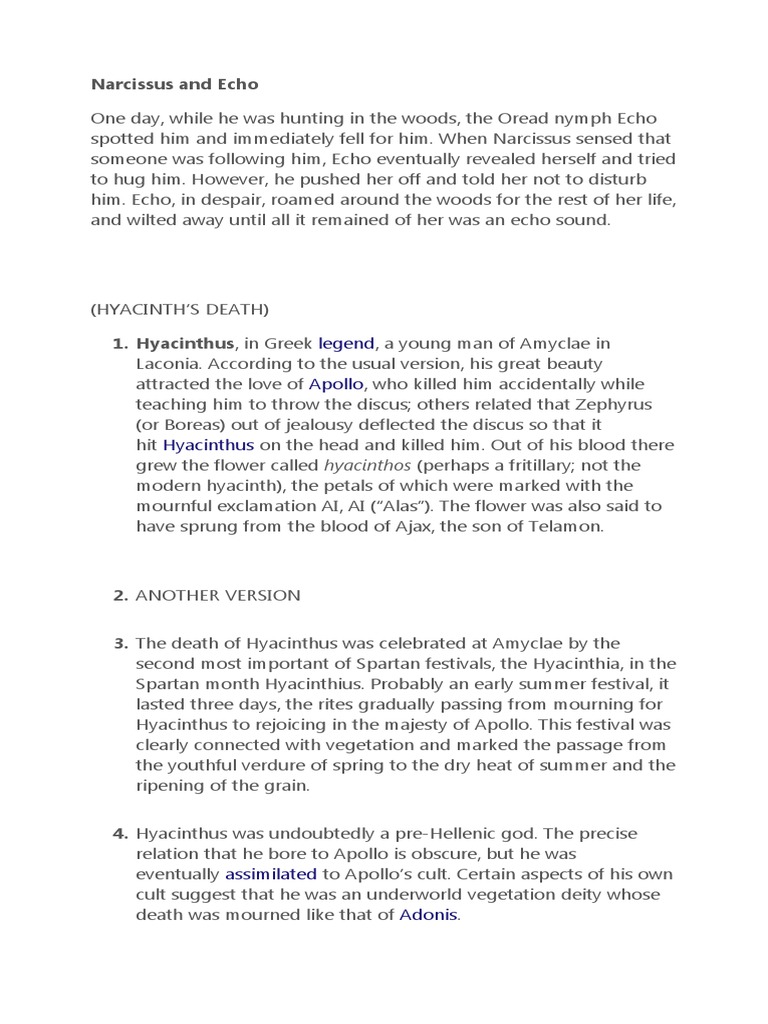 Narcissus and Echo: Legend Apollo | PDF | Mythology | Ancient Greek ...