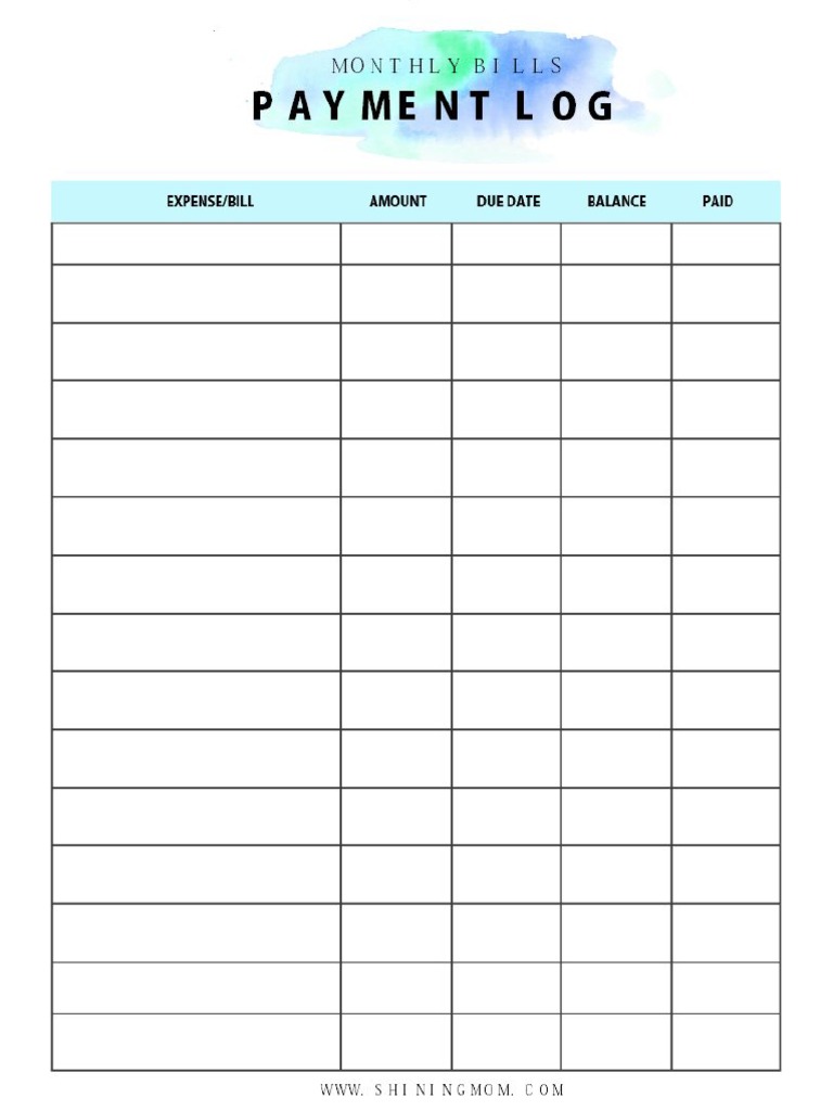 Main Monthly Bills Payment Log Template | PDF