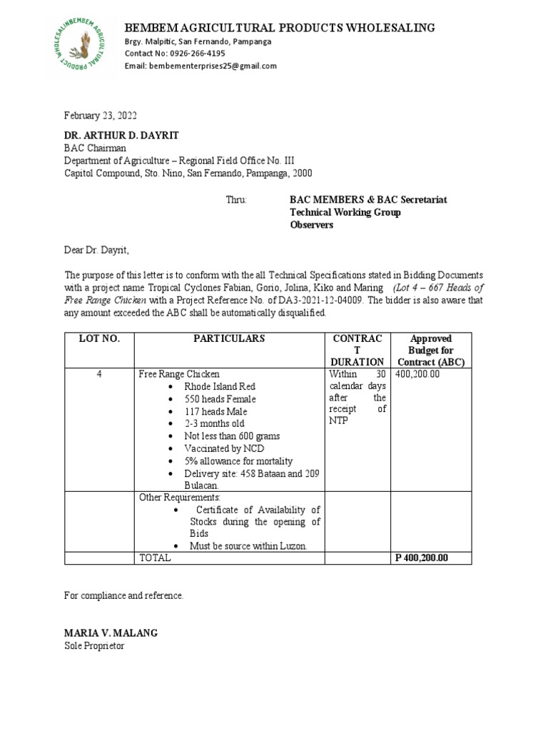 Bembem Agricultural Products Wholesaling: Dr. Arthur D. Dayrit | PDF