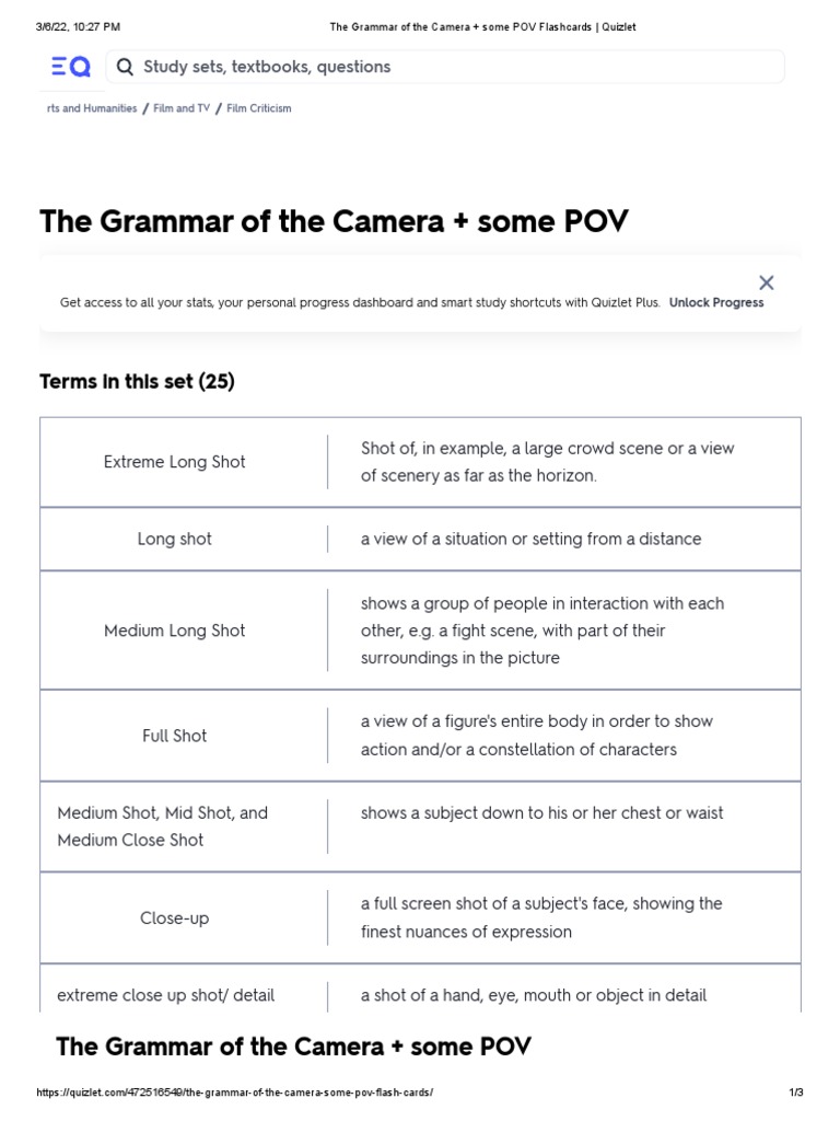 The Grammar of The Camera + Some POV Flashcards - Quizlet | PDF | Camera