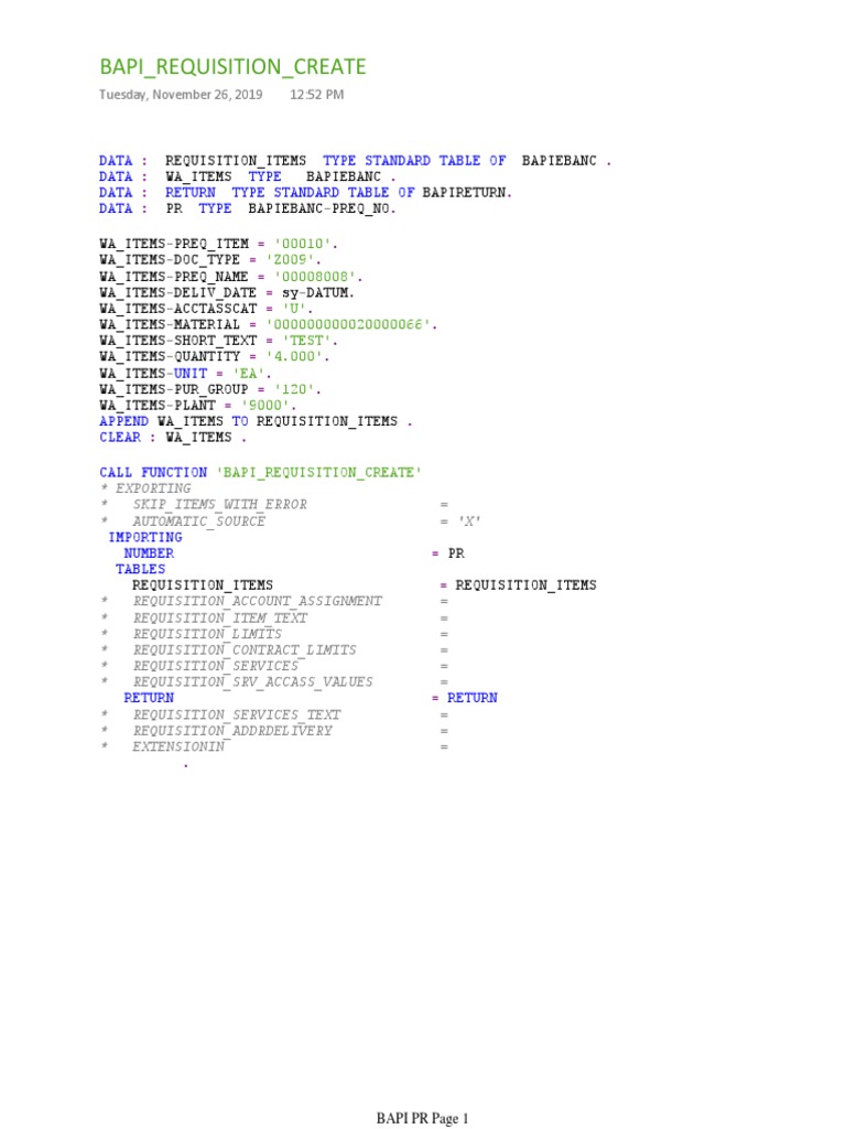 Bapi - Requisition - Create: Data Type Standard Table of Data Type Data Return Type Standard ...