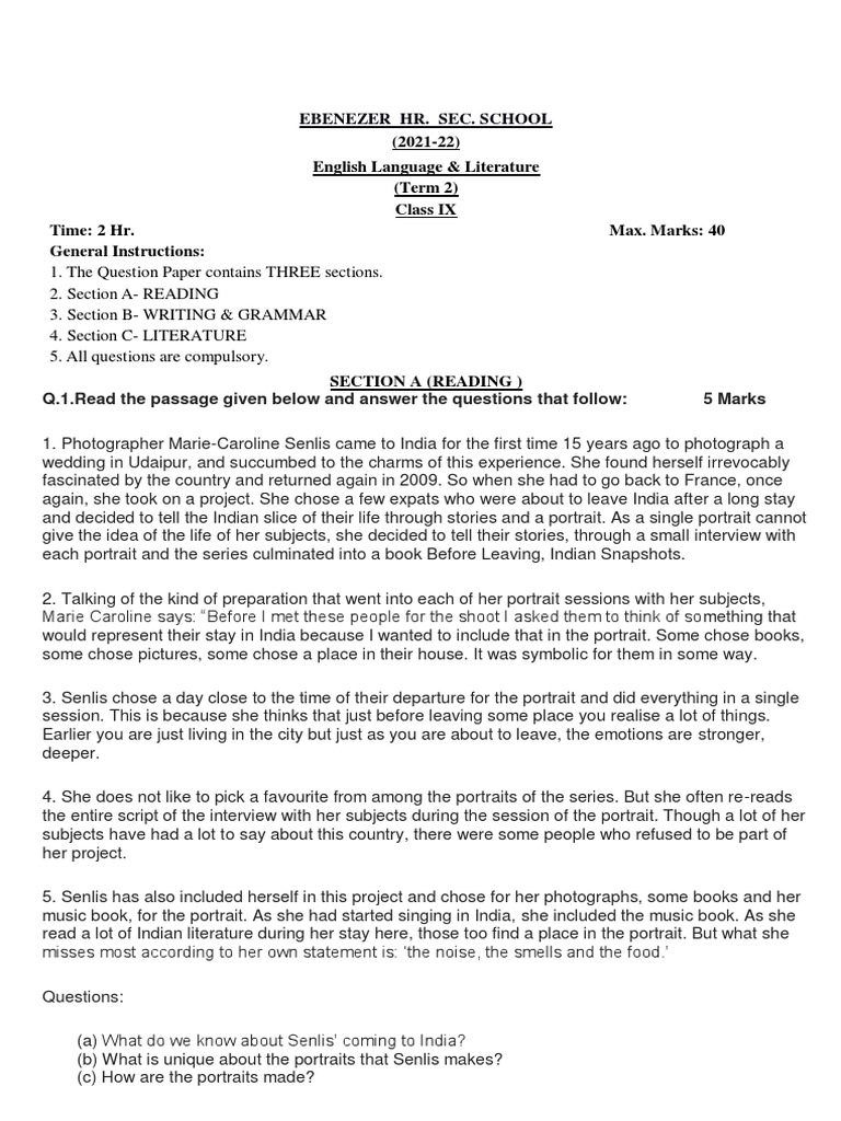 9-English Question Paper | PDF