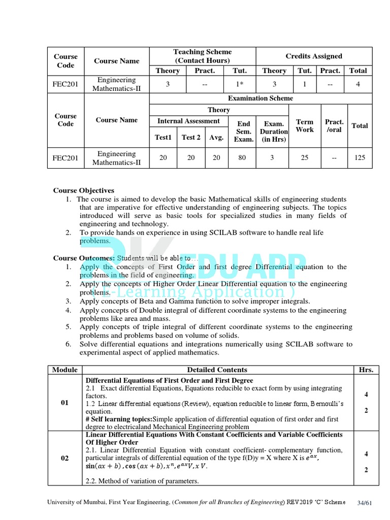 Mathematics II Syllabus | PDF | Equations | Integral