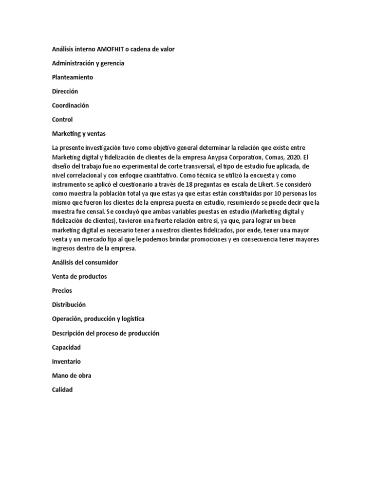 Análisis Interno AMOFHIT o Cadena de Valor MIL | PDF