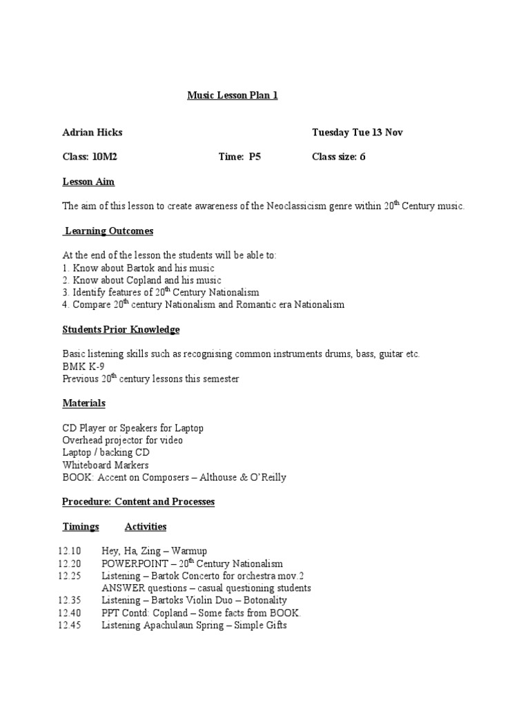 Music Lesson Plan 1 Adrian Hicks Tuesday Tue 13 Nov Class: 10M2 Time ...