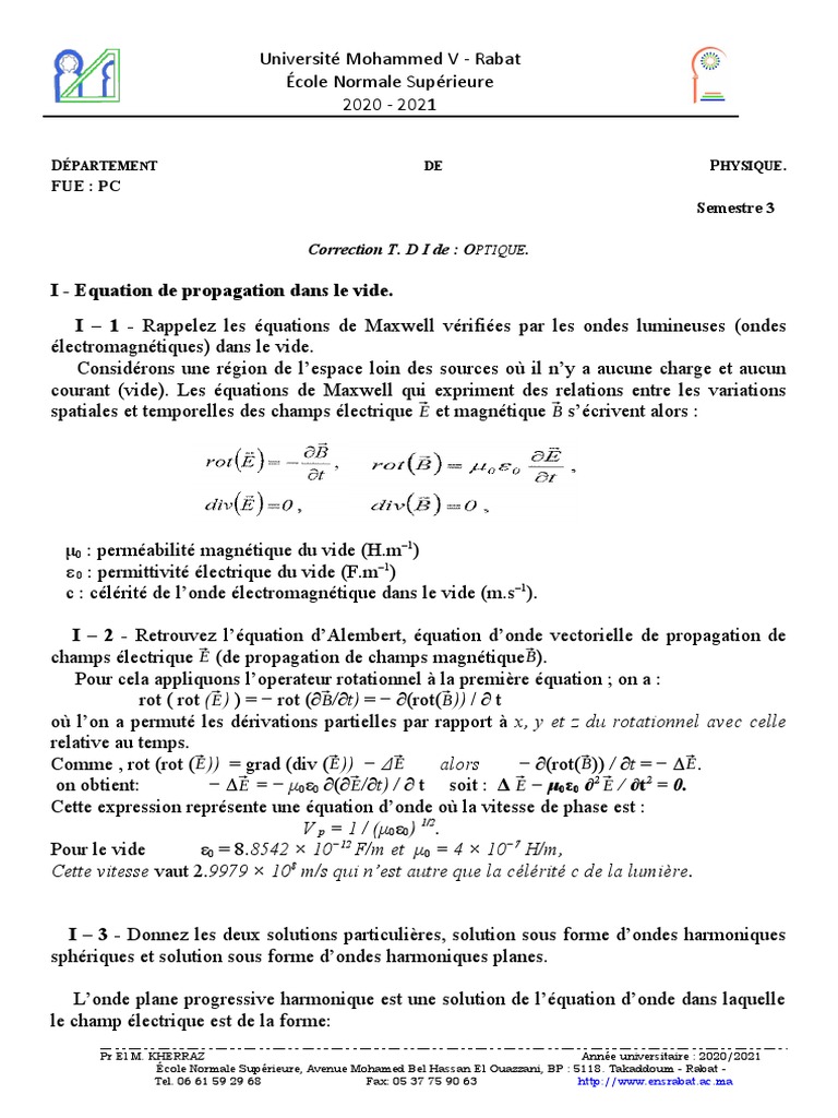 Correction T D 1 Optique Odulatoire | PDF | Vagues | Réfraction