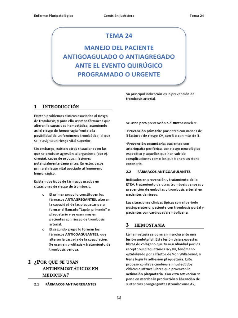 Tema 24 - Paciente Antiagregado y Anticoagulado | PDF | Coagulación ...