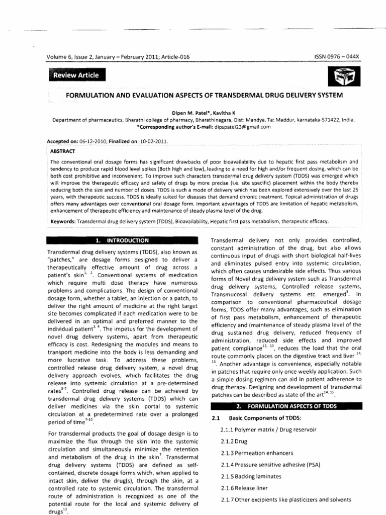 Formulation and Evaluation Aspects of Transdermal Drug Delivery System ...