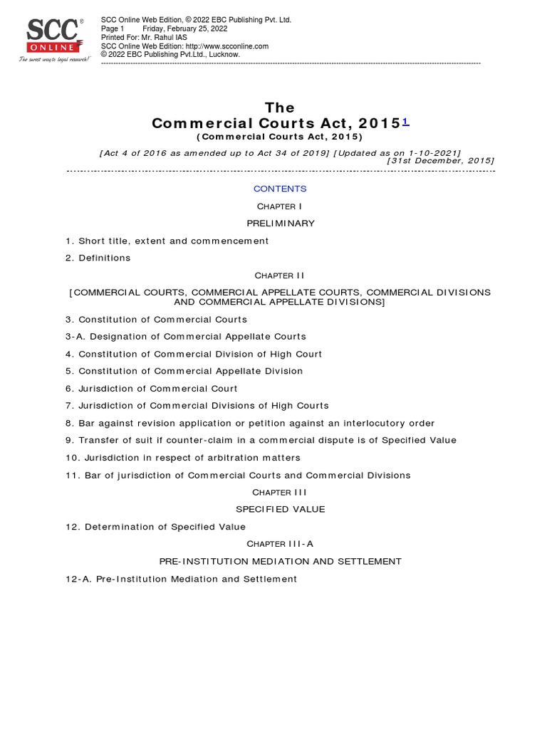 The Commercial Courts Act, 2015 | PDF | Lawsuit | High Court Of Australia