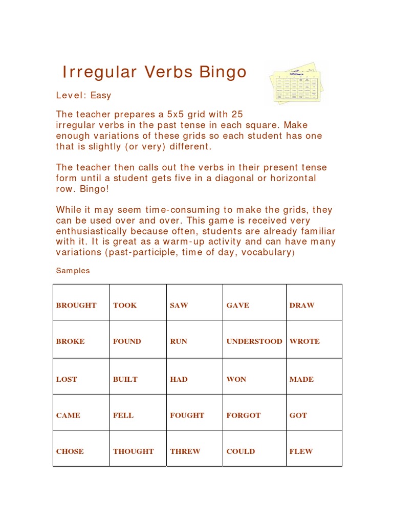 Irregular Verbs Bingo Game Guide | PDF | Language Arts & Discipline ...