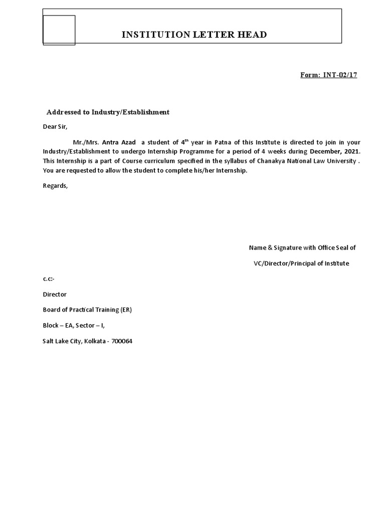Institution Letter Head: Form: INT-02/17 | PDF