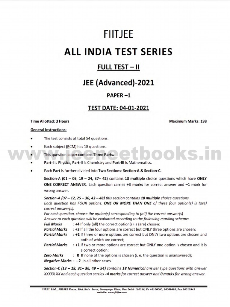 Fiitjee Aits 2021 Papers | PDF