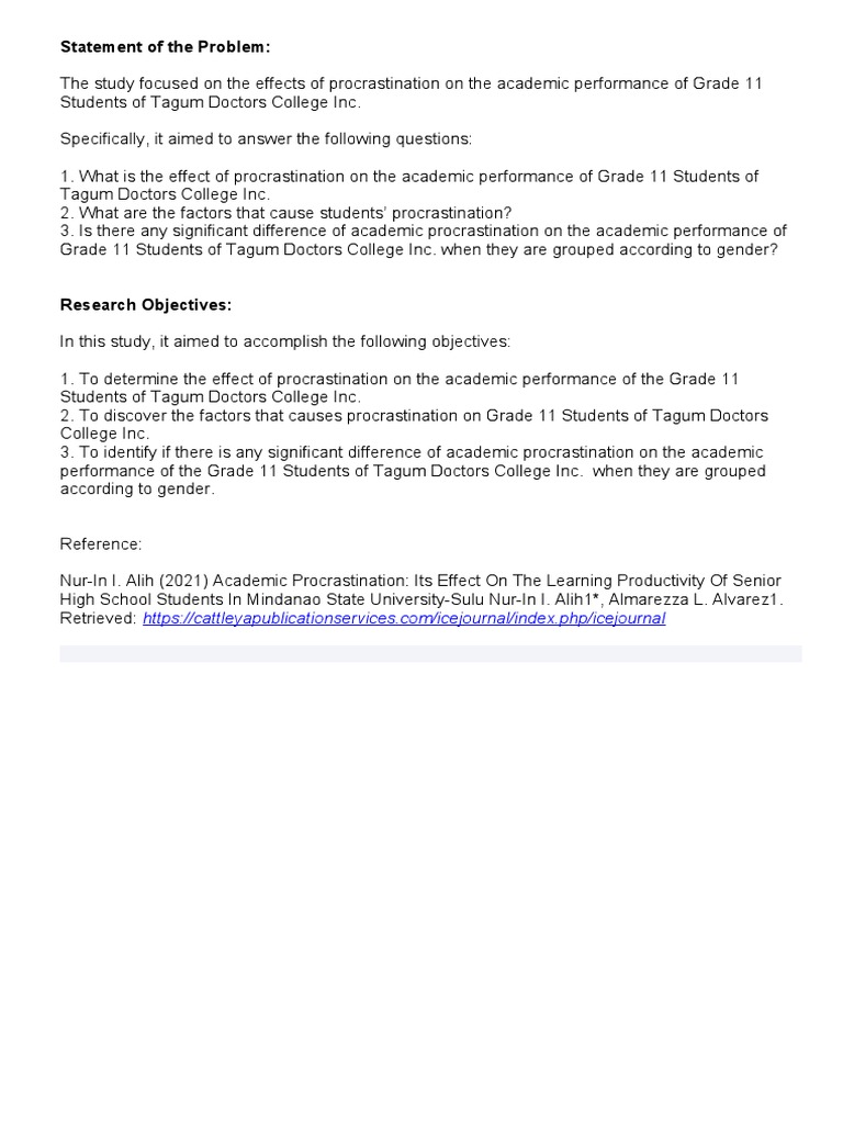 Objectives and Statement of The Problem | PDF