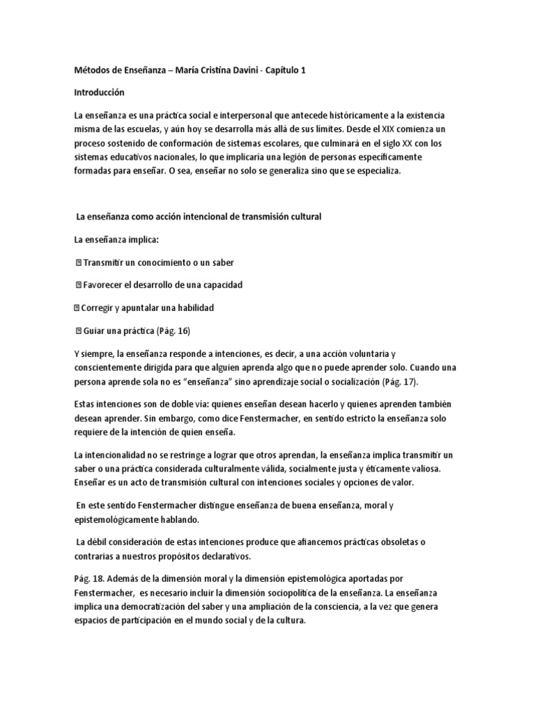 Resumen Métodos de Enseñanza Davini Cap 1, 2 Y3 | PDF | Aprendizaje | Plan de estudios