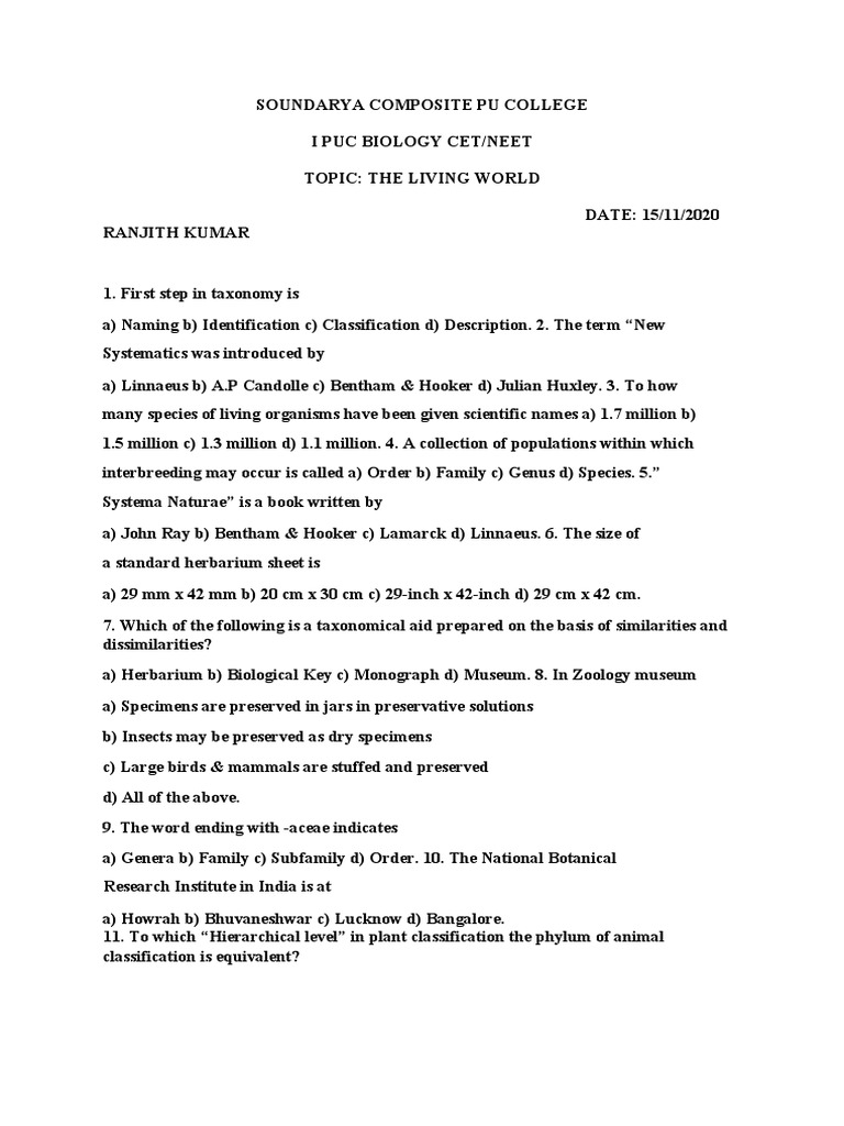 The Living World CET Assignment | PDF | Taxonomy (Biology) | Genus