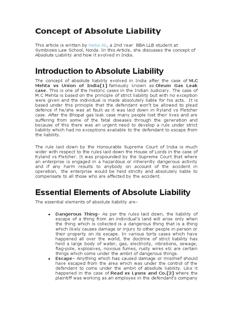 Concept of Absolute Liability | PDF | Legal Liability | Tort