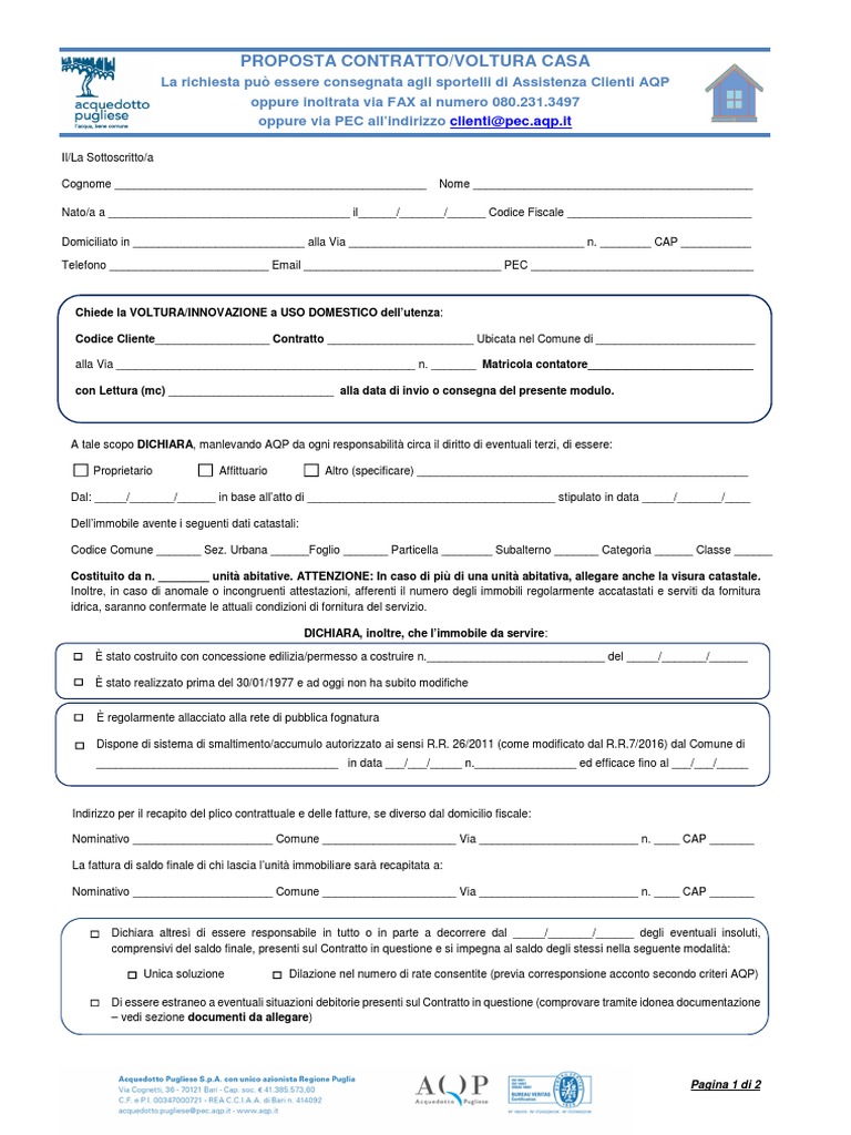 Modulo Contratto Di Voltura - Voltura Casa | PDF
