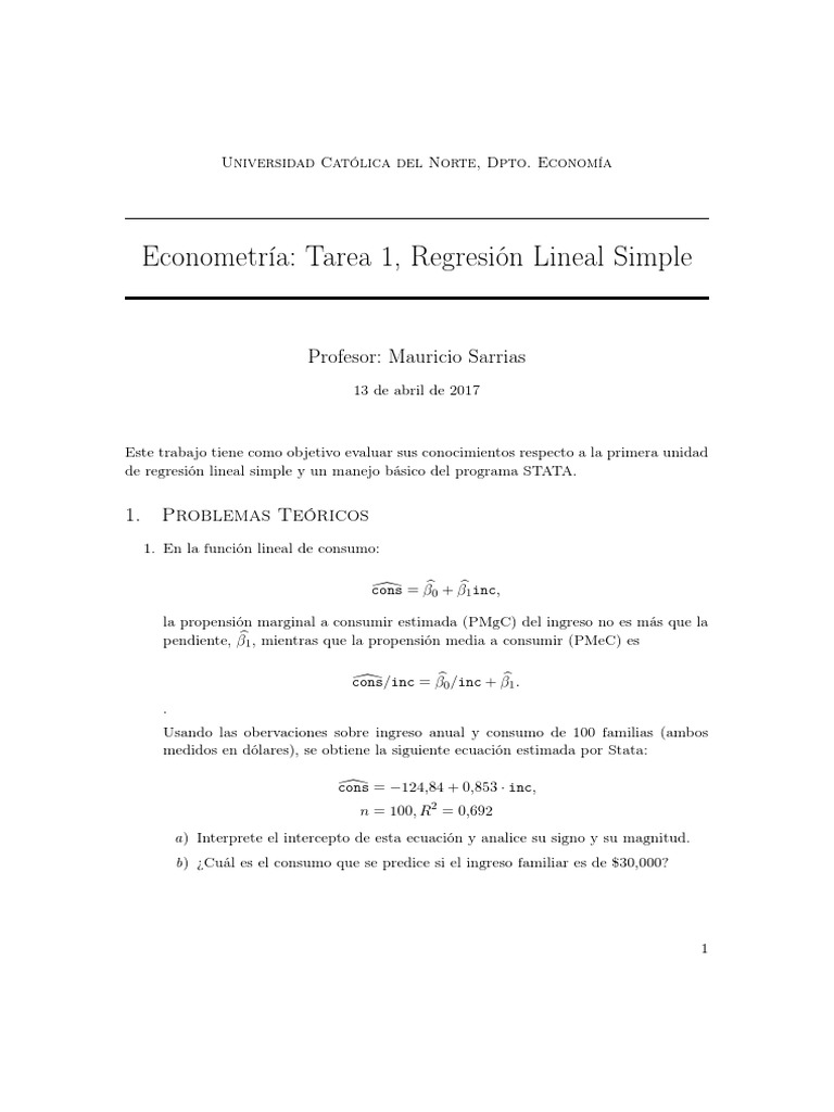 Econometria Tarea 1 Regresion Lineal Sim | PDF