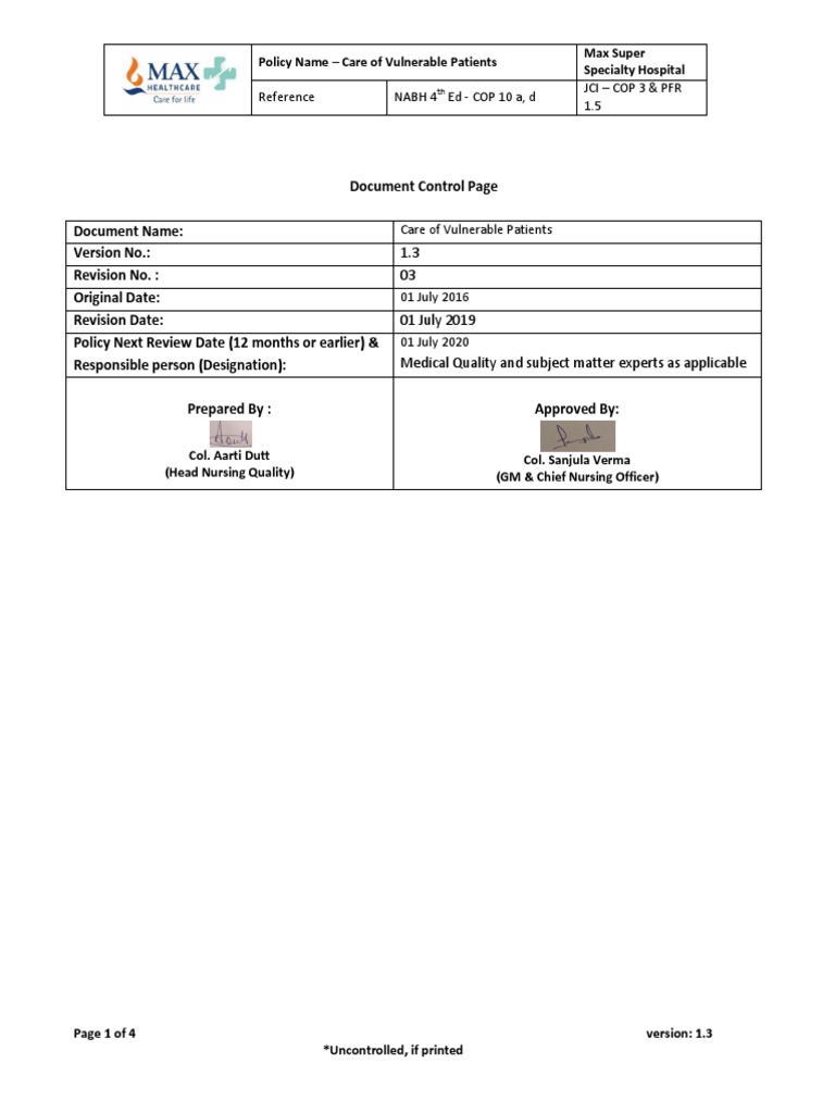 Care Guidelines for Vulnerable Patients | PDF | Patient | Hospital