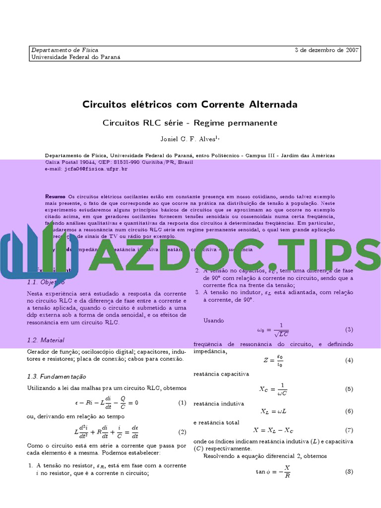 Azdoc - Tips Relatorio Circuito RLC Permanente | PDF | Rede elétrica ...