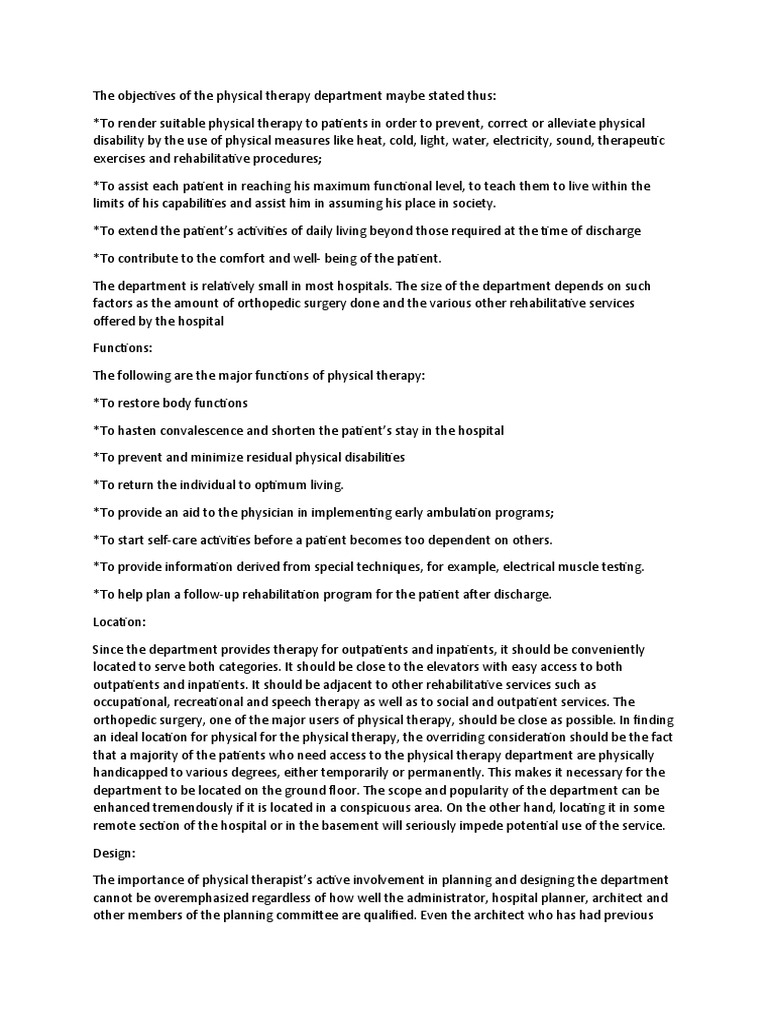 The Objectives of The Physical Therapy Department Maybe Stated Thus ...