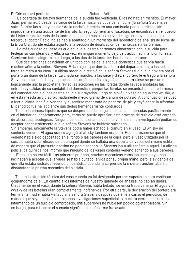 El Crimen Casi Perfecto Roberto Arlt | PDF | Suicidio