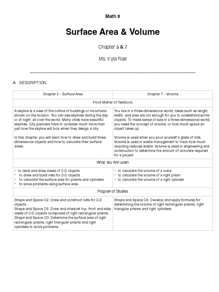 Math 8 Unit Plan - Surface Area and Volume | PDF | Volume | Area