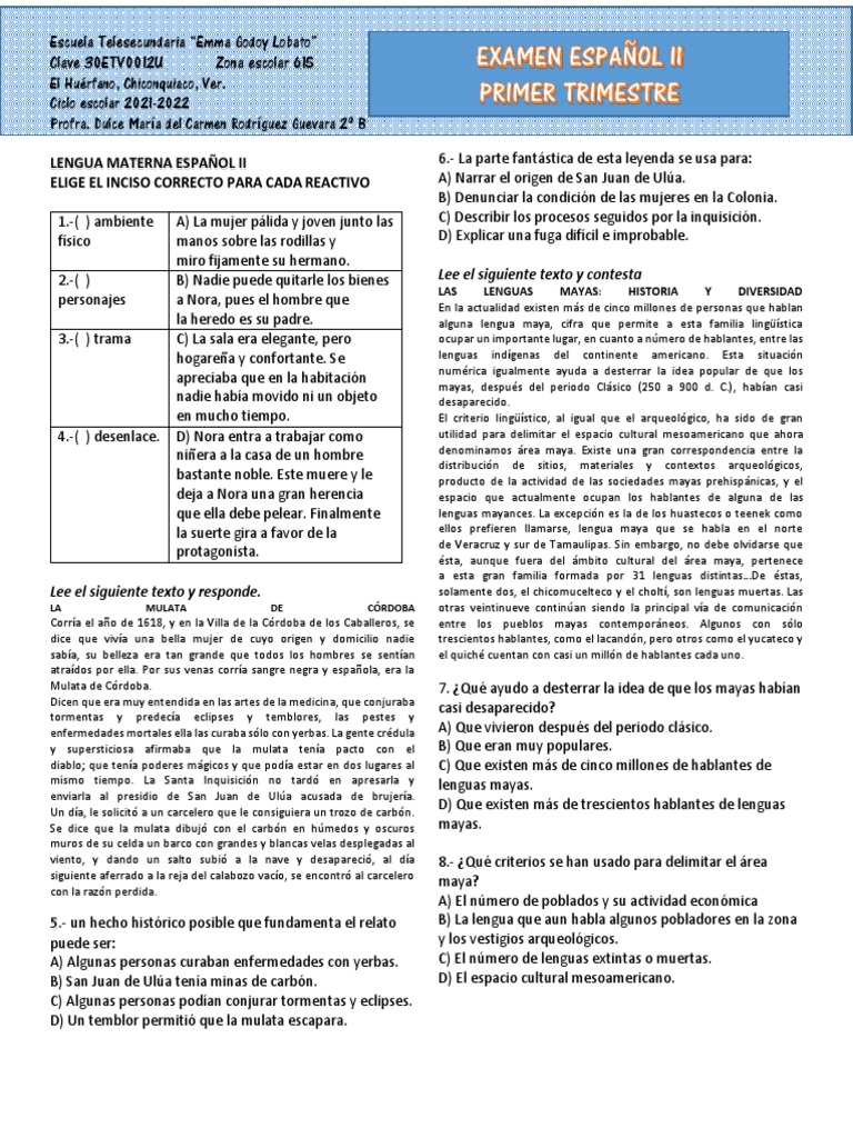 Examen Español Ii Primer Trimestre | PDF | Civilización maya | Bailes