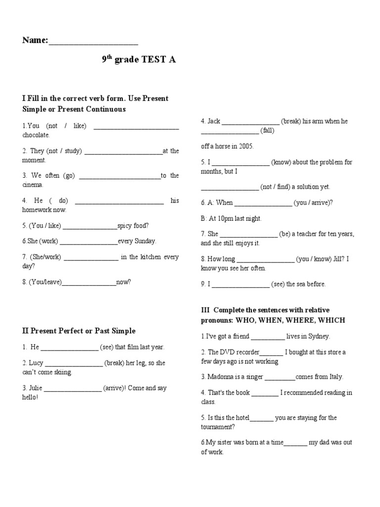 9TH GRADE Test A 15 | PDF | Grammar | Linguistics