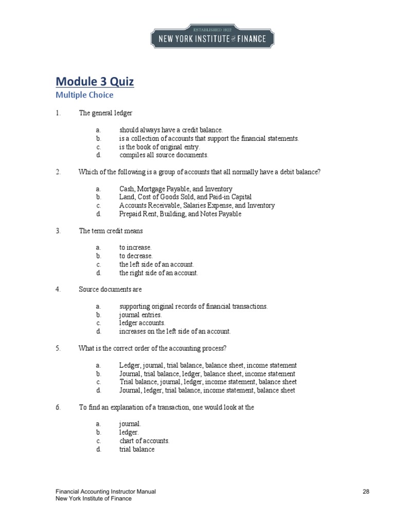 Module 3 Quiz: Multiple Choice | PDF | Debits And Credits | Bookkeeping