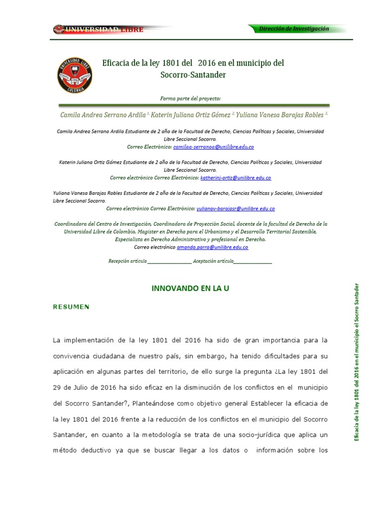 Articulo Eficacia De La Ley 1801 Del 2016 En El Municipio Del Socorro