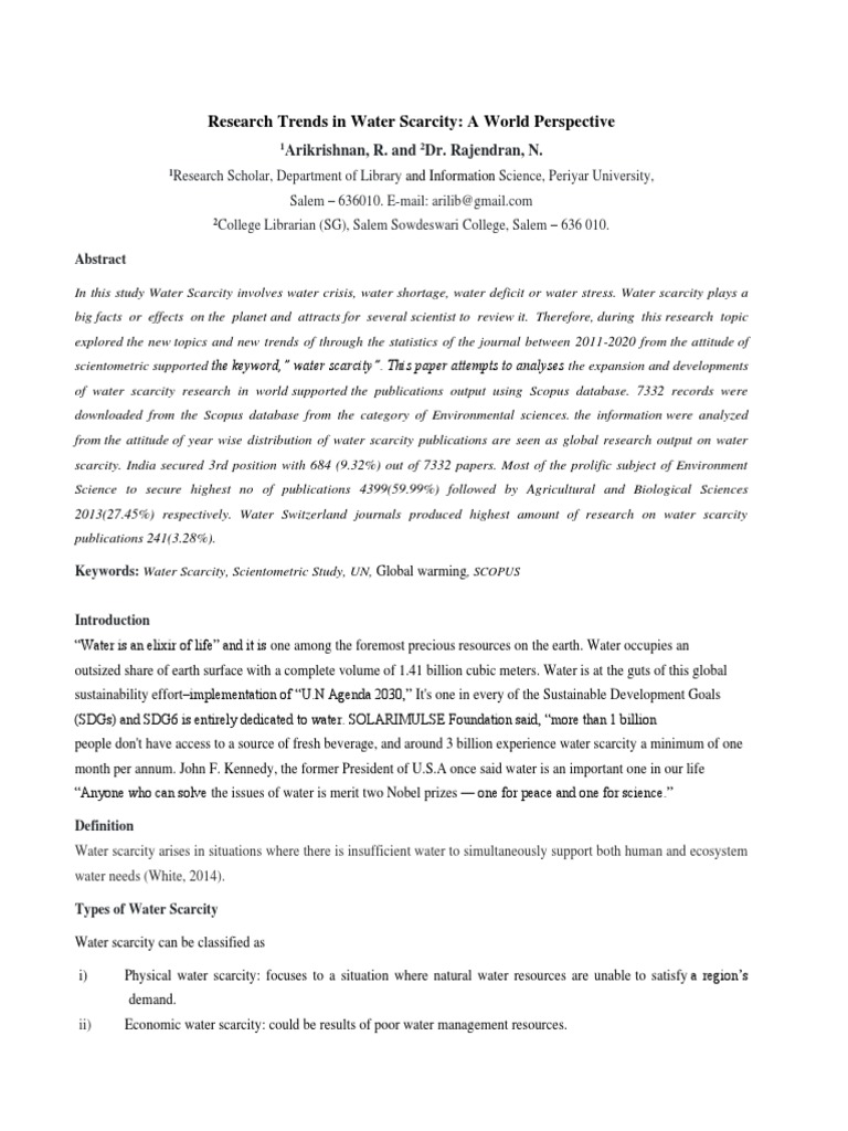 Research Trends in Water Scarcity: A World Perspective | PDF | Water ...