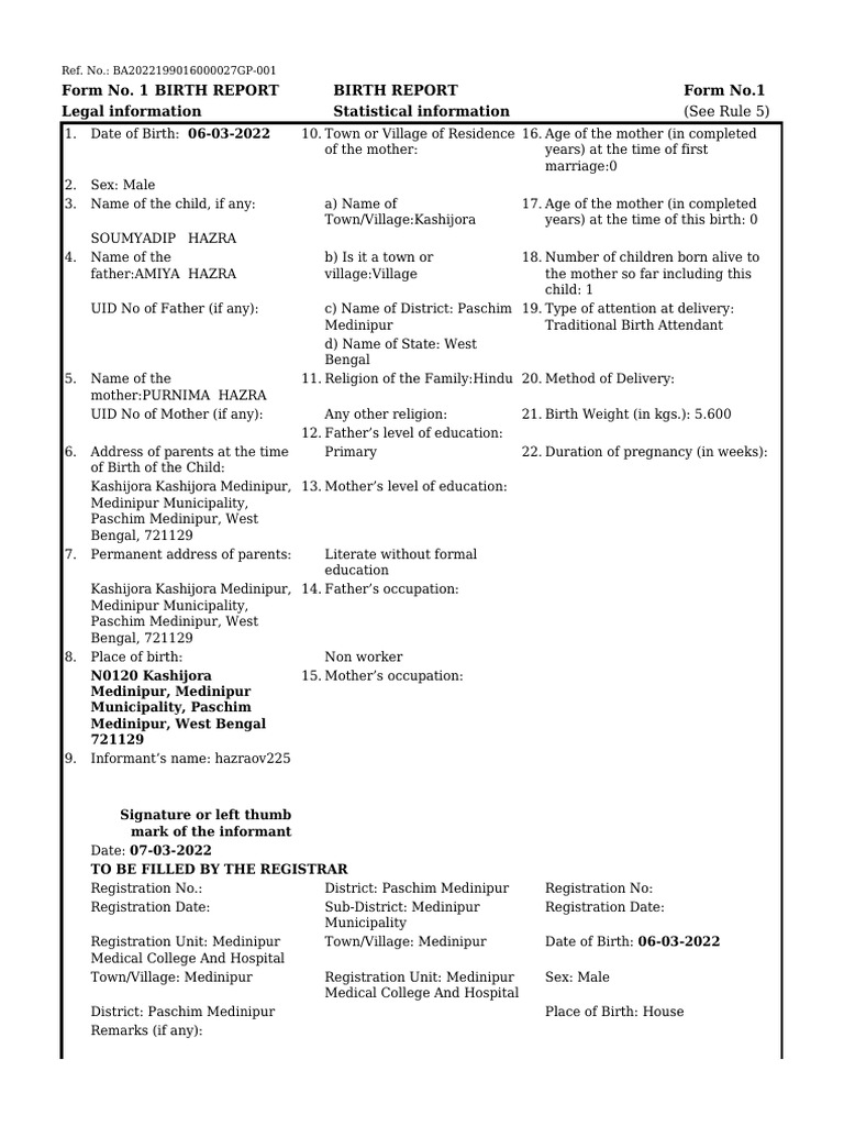 Form No. 1 Birth Report Birth Report Form No.1 Legal Information ...