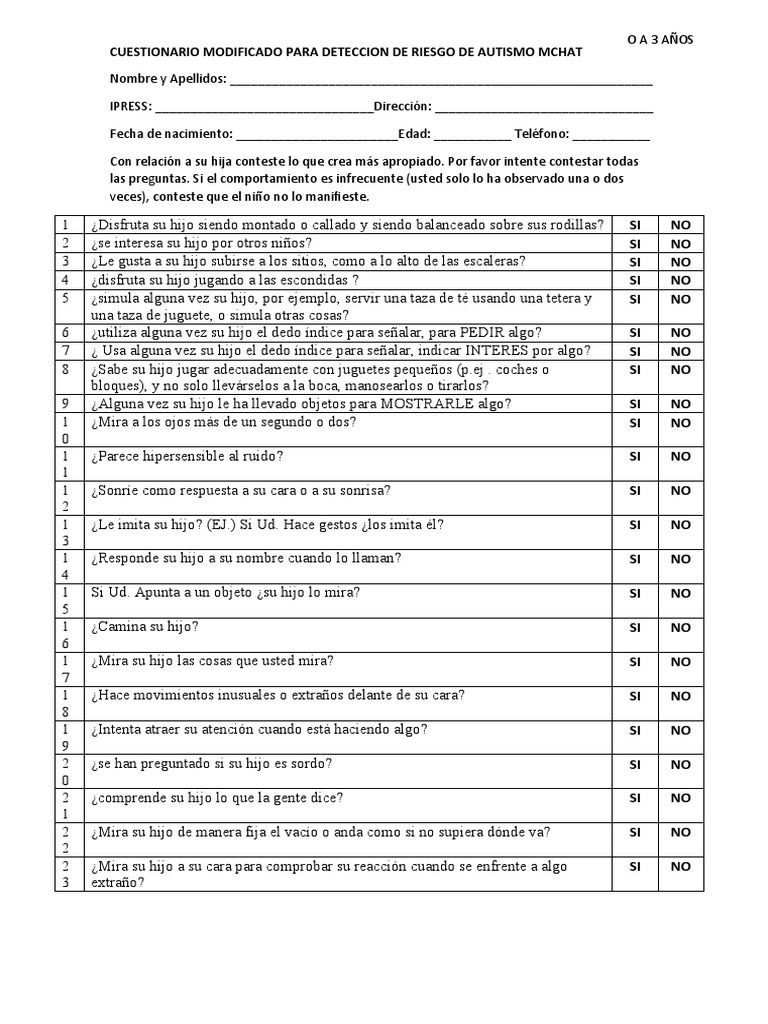 Cuestionario Modificado para Deteccion de Riesgo de Autismo Mchat | PDF ...