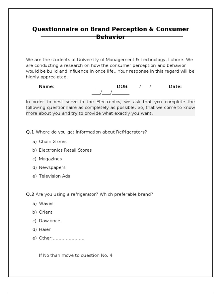 Consumer Behaviour Questionnaire | PDF | Brand | Behavior