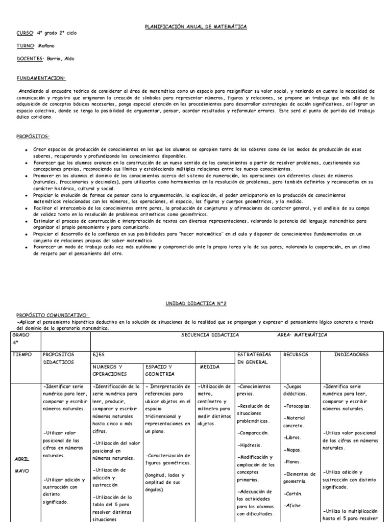 Planificacion 4° Grado, Matemat, 2019 | PDF | Geometría | Números