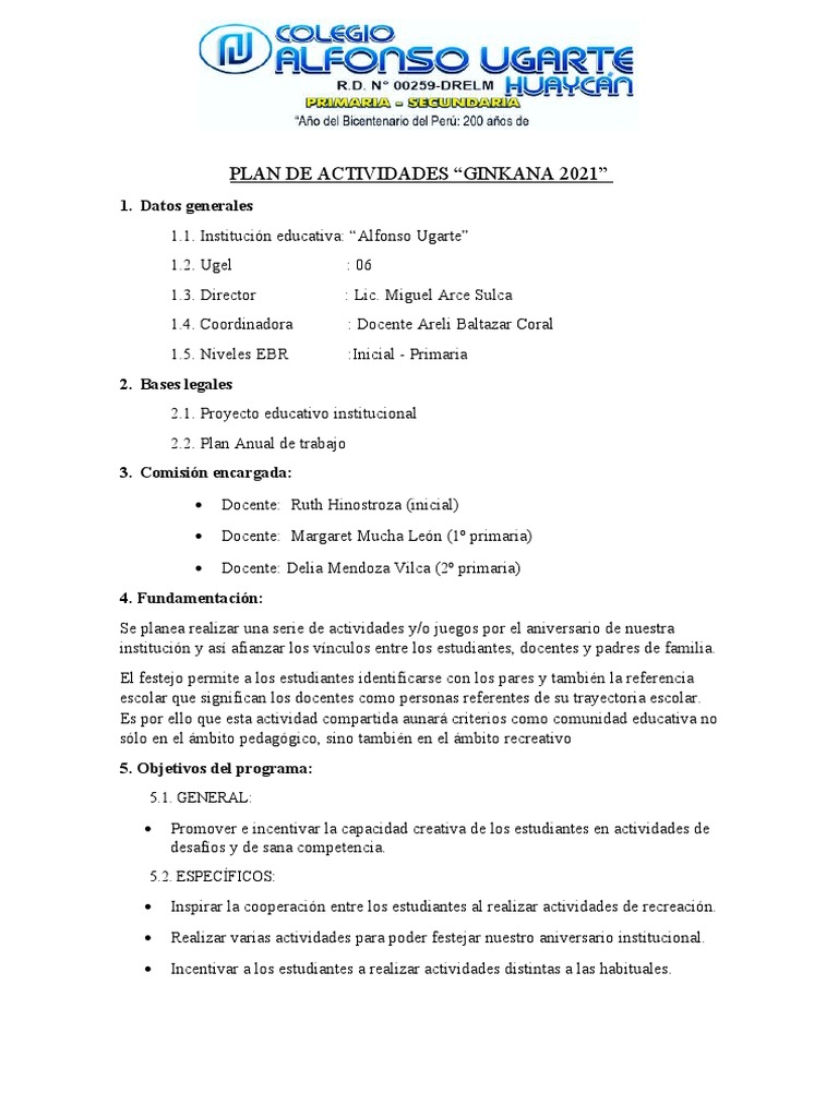 Plan de Actividades Ginkana 2021 | PDF